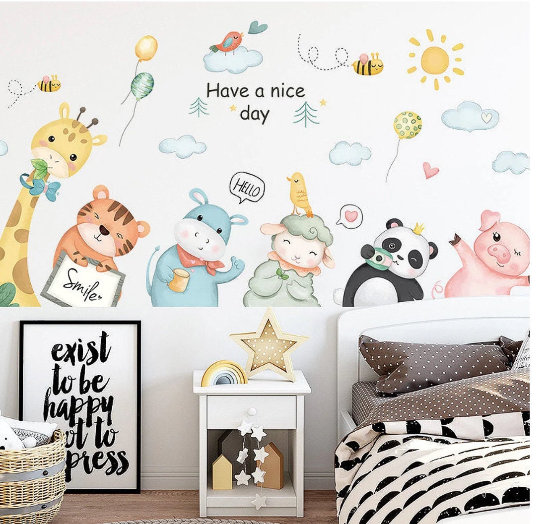 Jungle Animal Wall Stickers Cartoon Cute Animals Wall Decals Peel Stick ...