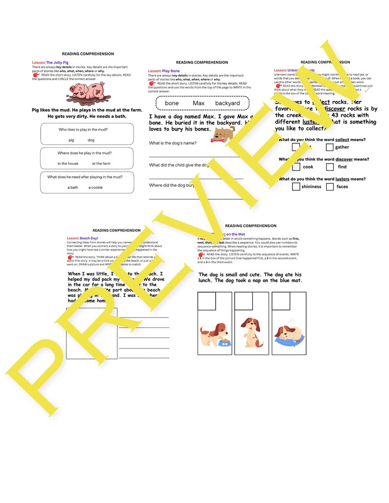 Reading Comprehension Lessons for Kindergarten Digital Downloadable ...