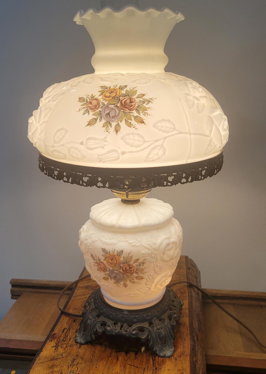 Vintage PHOENIX Co. Puffy Rose White Milk Glass Hurricane Lamp Flower ...