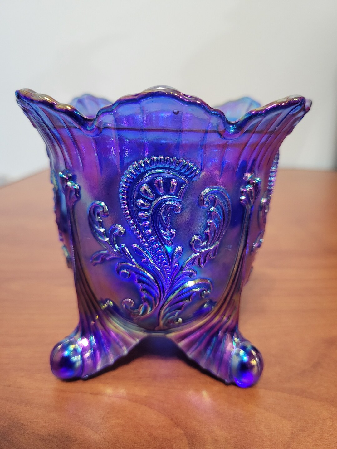 Gorgeous Iridescent Blue Purple Inverted Feather Footed Carnival Glass ...