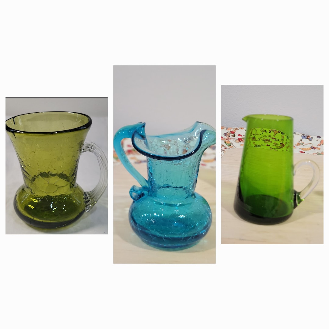 GORGEOUS Hand Blown Art Glass Miniature Pitchers Avocado Green Crackle ...