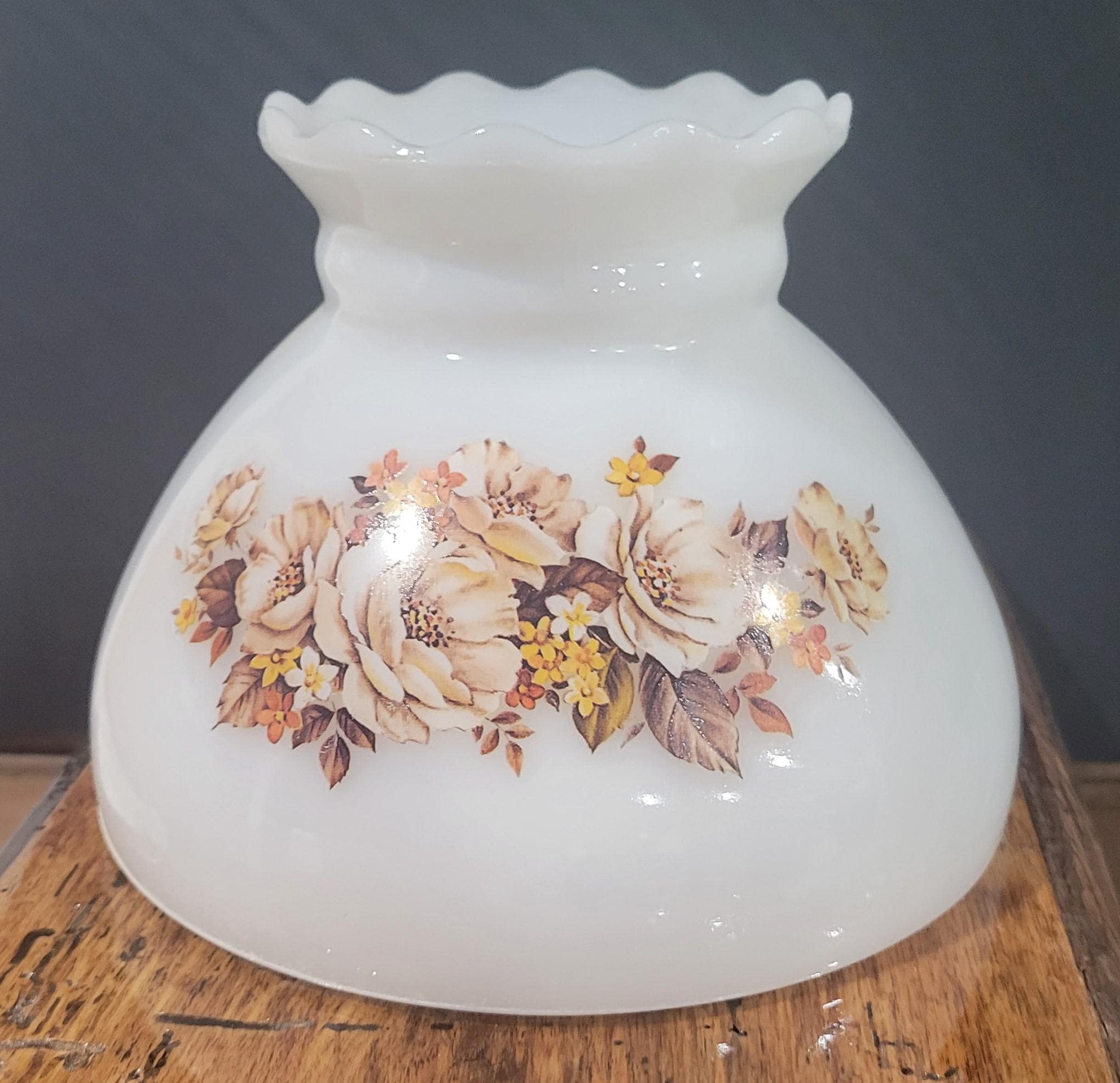 Vintage Milk Glass Lamp Shade, Brown Floral Design, Ruffled Edge, 8 ...