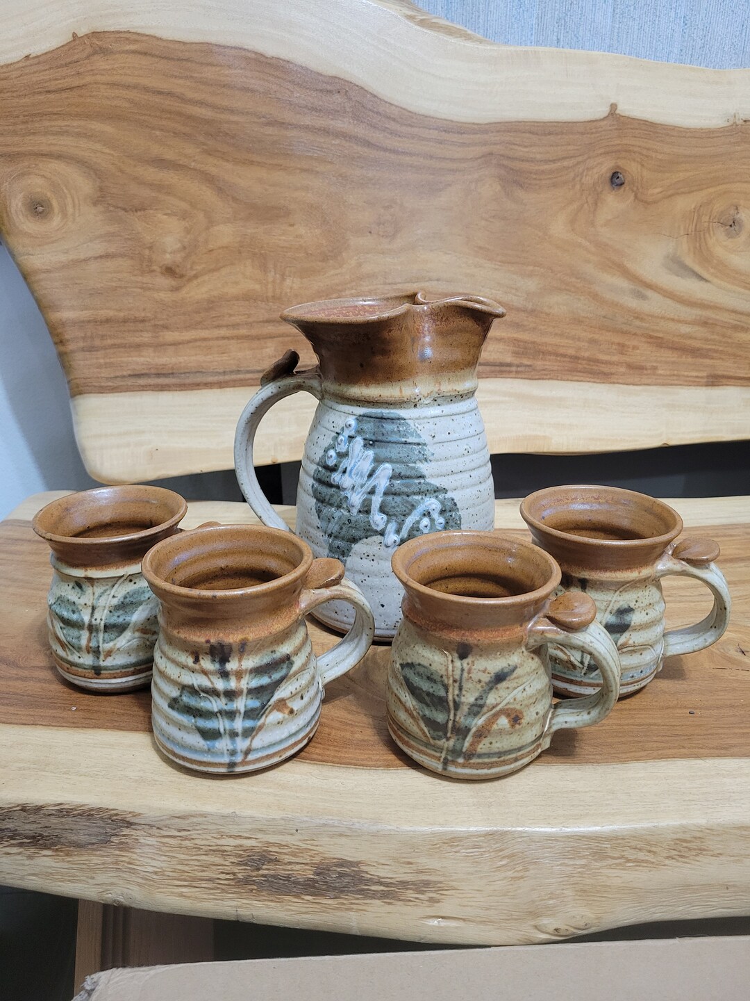 Hand Made Pottery Pitcher and 4 Mugs Artesian Made Signed - Etsy