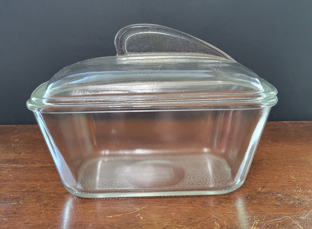 Vintage Clear Glass Glasbake Art Deco Atomic Fin Handle Lid Bread Loaf ...