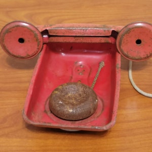 Vintage Red Metal Toy Telephone With Rotary Dial Pretend Play Circa 40 ...