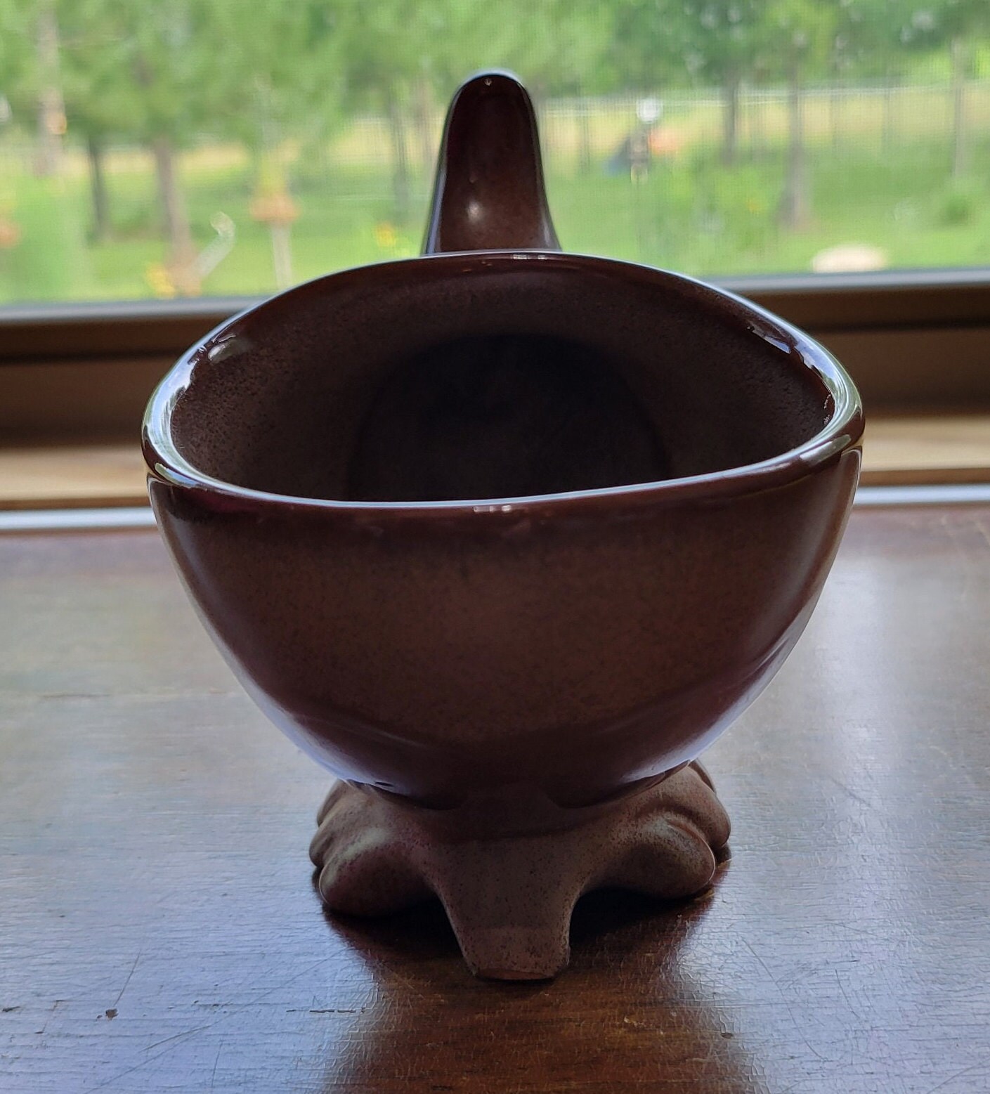 Vintage FRANKOMA Pottery Cornucopia Vase – Brown Glaze, Seashell Footed ...