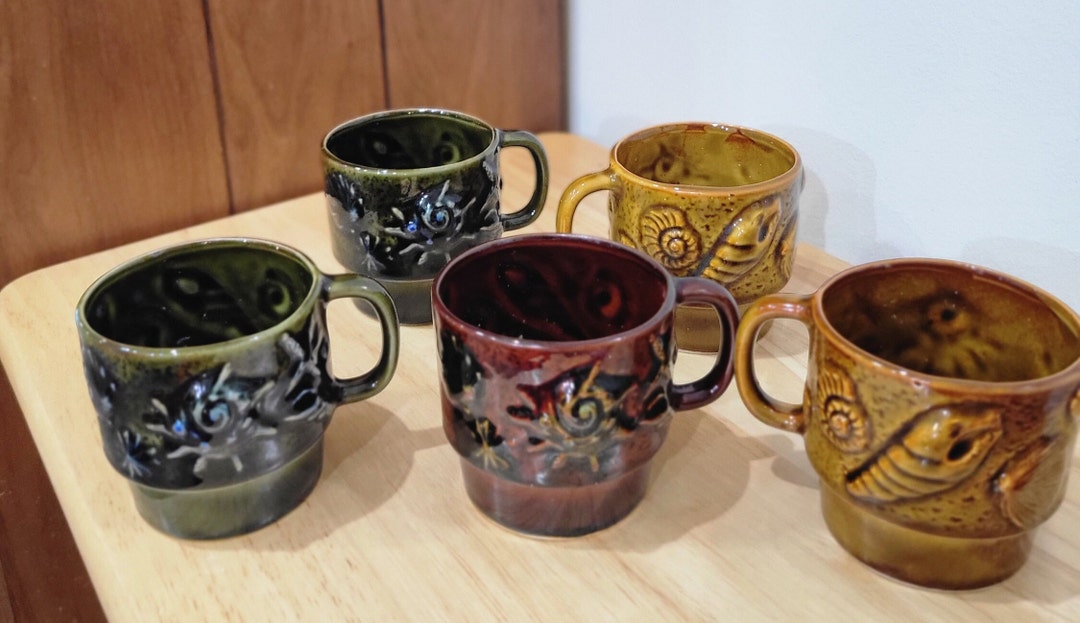 Vintage Stacking Coffee Mugs With Sea Shell Designs Embossed, Set of ...