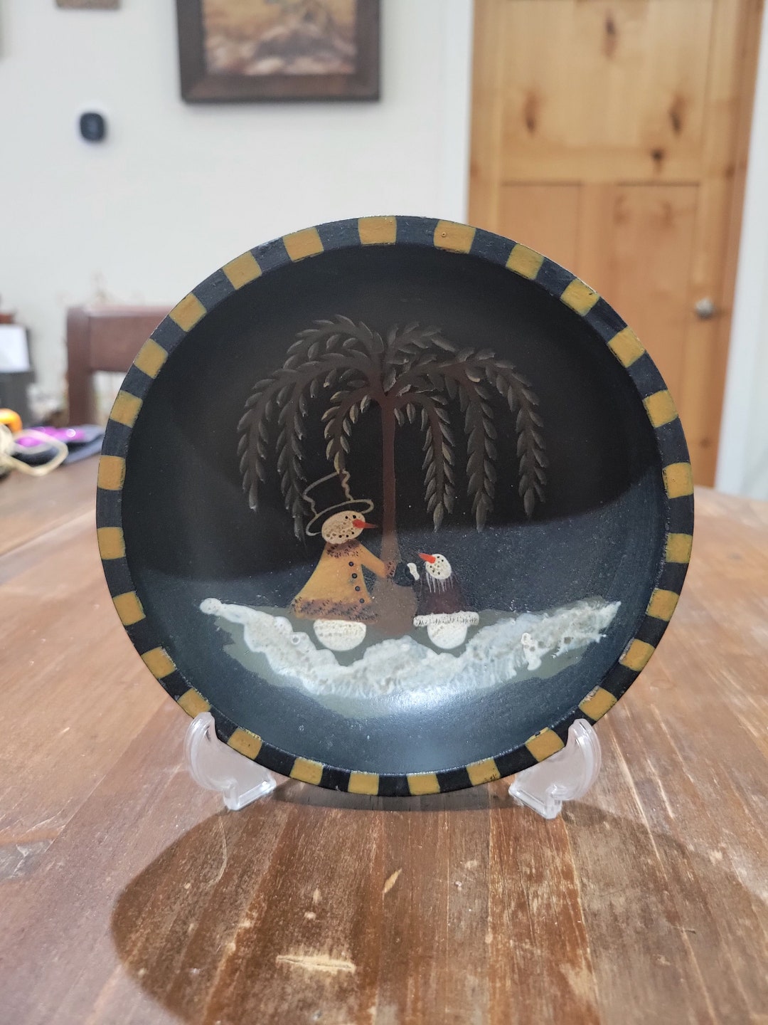 Vintage Wooden Bowl With Snowman Scene Hand Painted Amish Made - Etsy