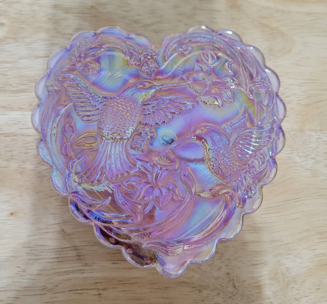 Fenton Art Glass Pink Iridescent Glass Heart Shaped Box With ...