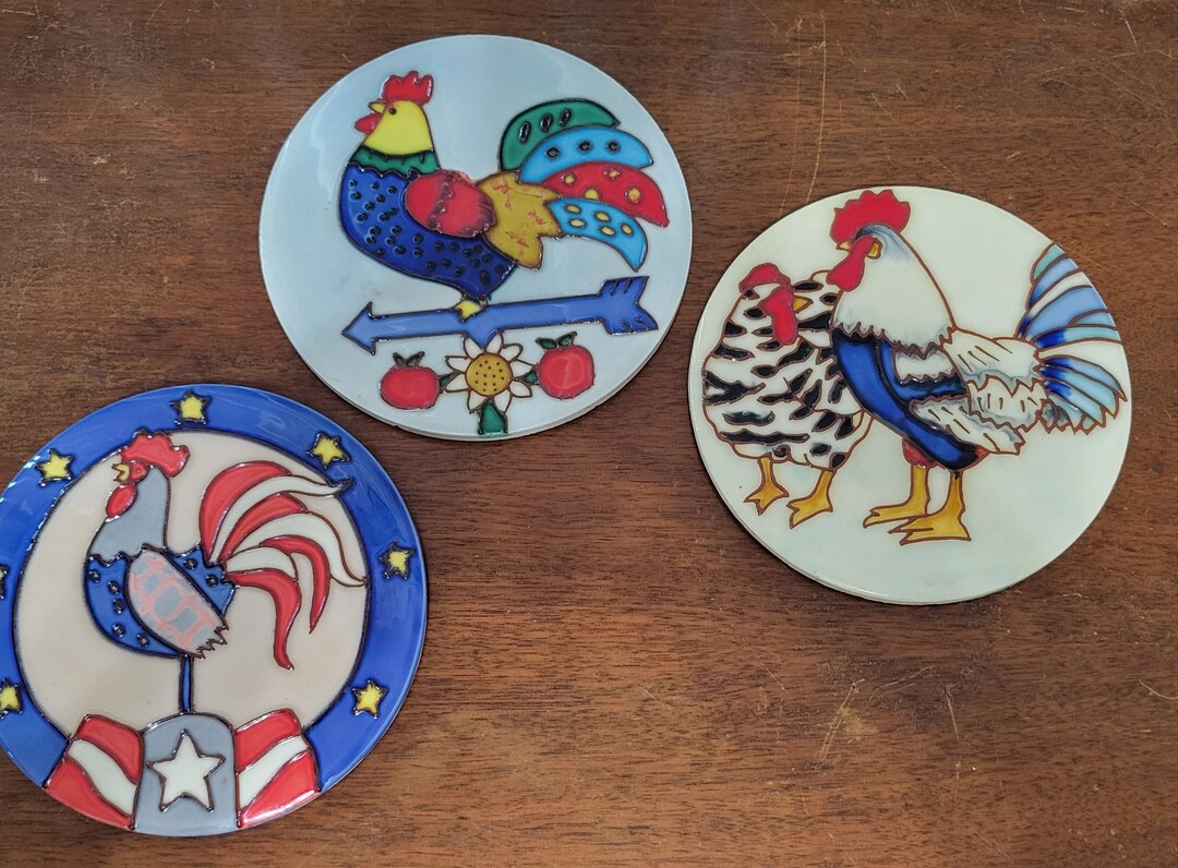 Vintage Set of Three Rooster Wall Plaques Round Ceramic Chicken Wall ...