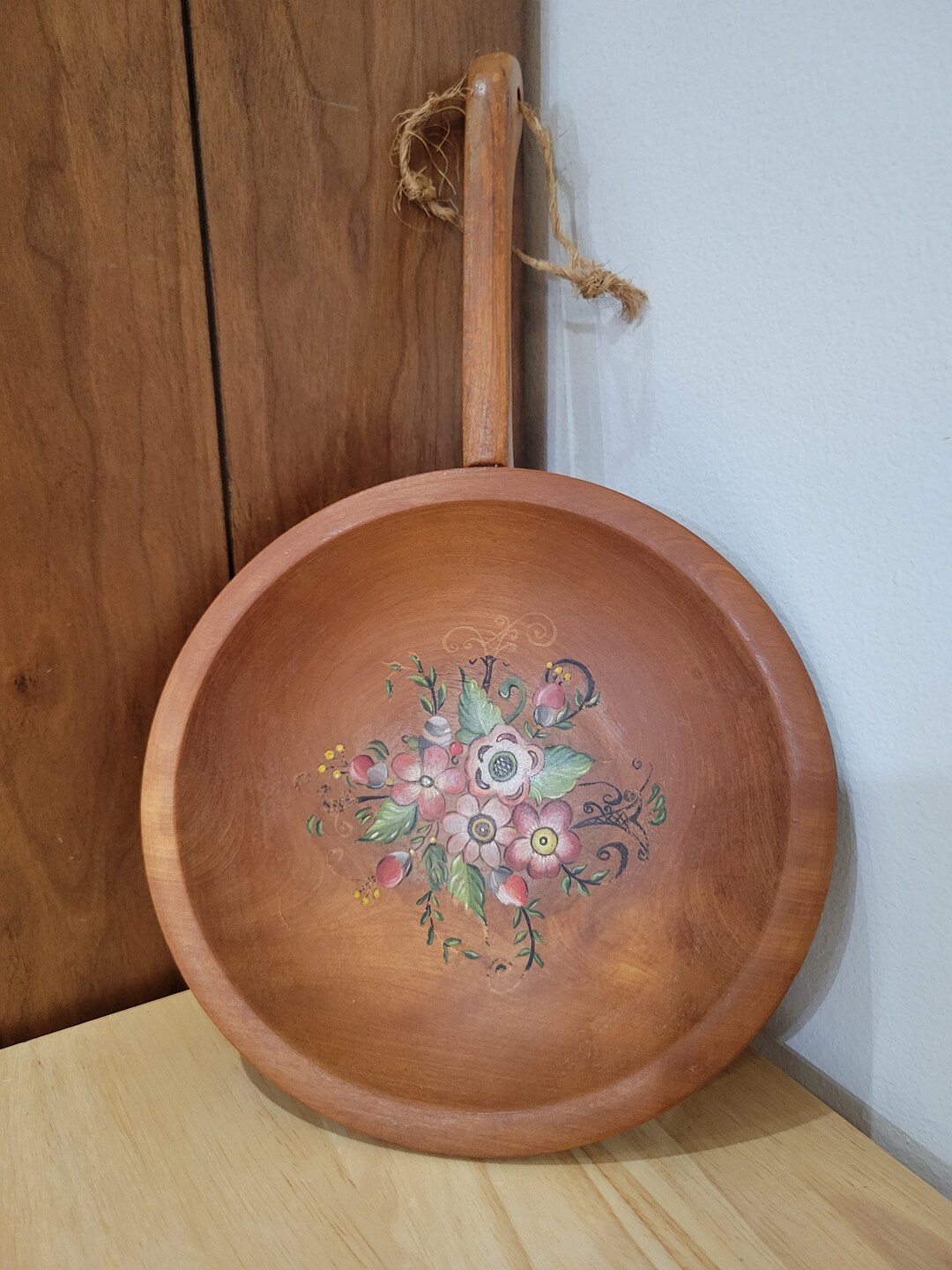 Vintage Woodpecker Woodware Floral Painted Wood Wooden Bowl W Handle & Leather Strap Decorative ...