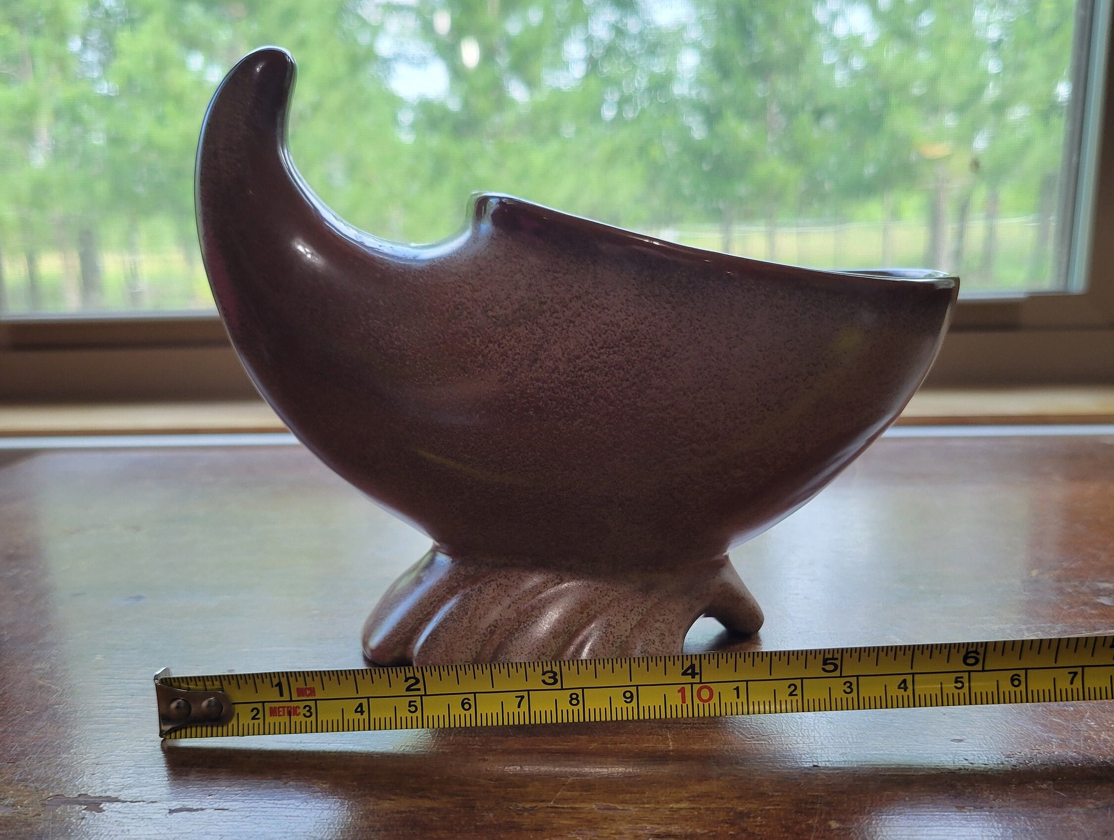 Vintage FRANKOMA Pottery Cornucopia Vase – Brown Glaze, Seashell Footed ...