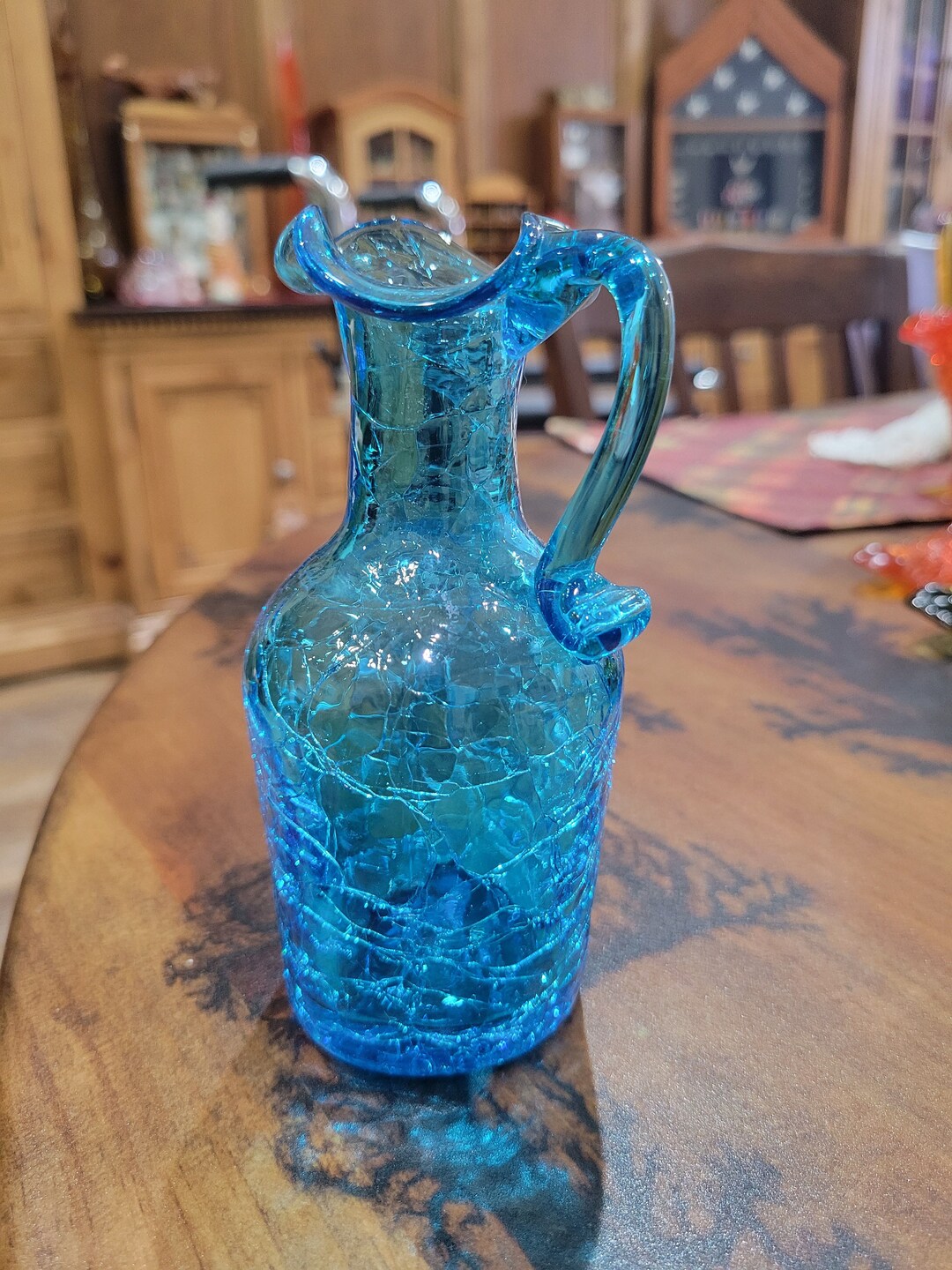 Vintage Pilgram Glass Crackle Glass Tiny Pitcher in Blue With Clear ...