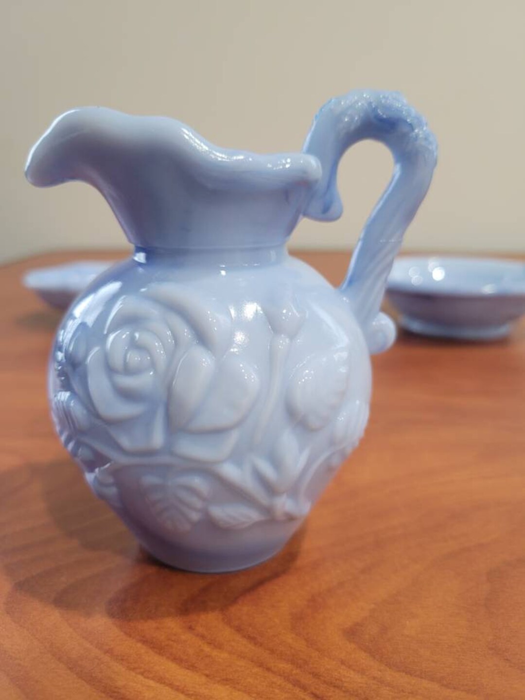 Vintage Slag Glass Pitcher With Bowl and Dish, Blue Milkglass ROSE ...