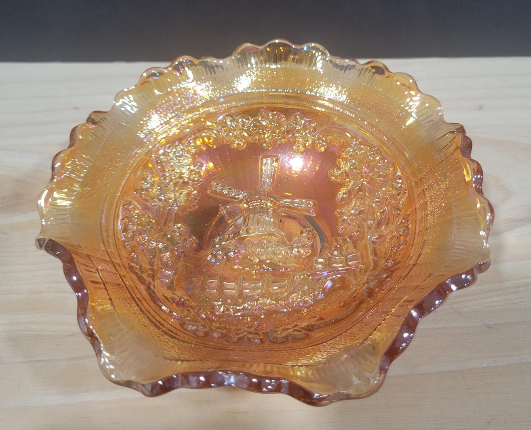 Imperial Glass Carnival Glass Windmill Ruffled Bowl Iridescent Amber ...