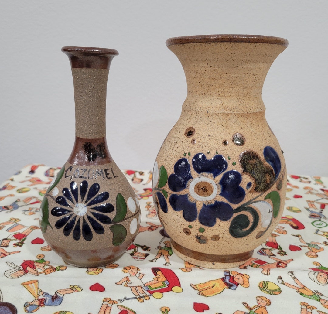 Beautiful Set of Two Mexican Pottery Vases, Large Floral Design, Signed ...
