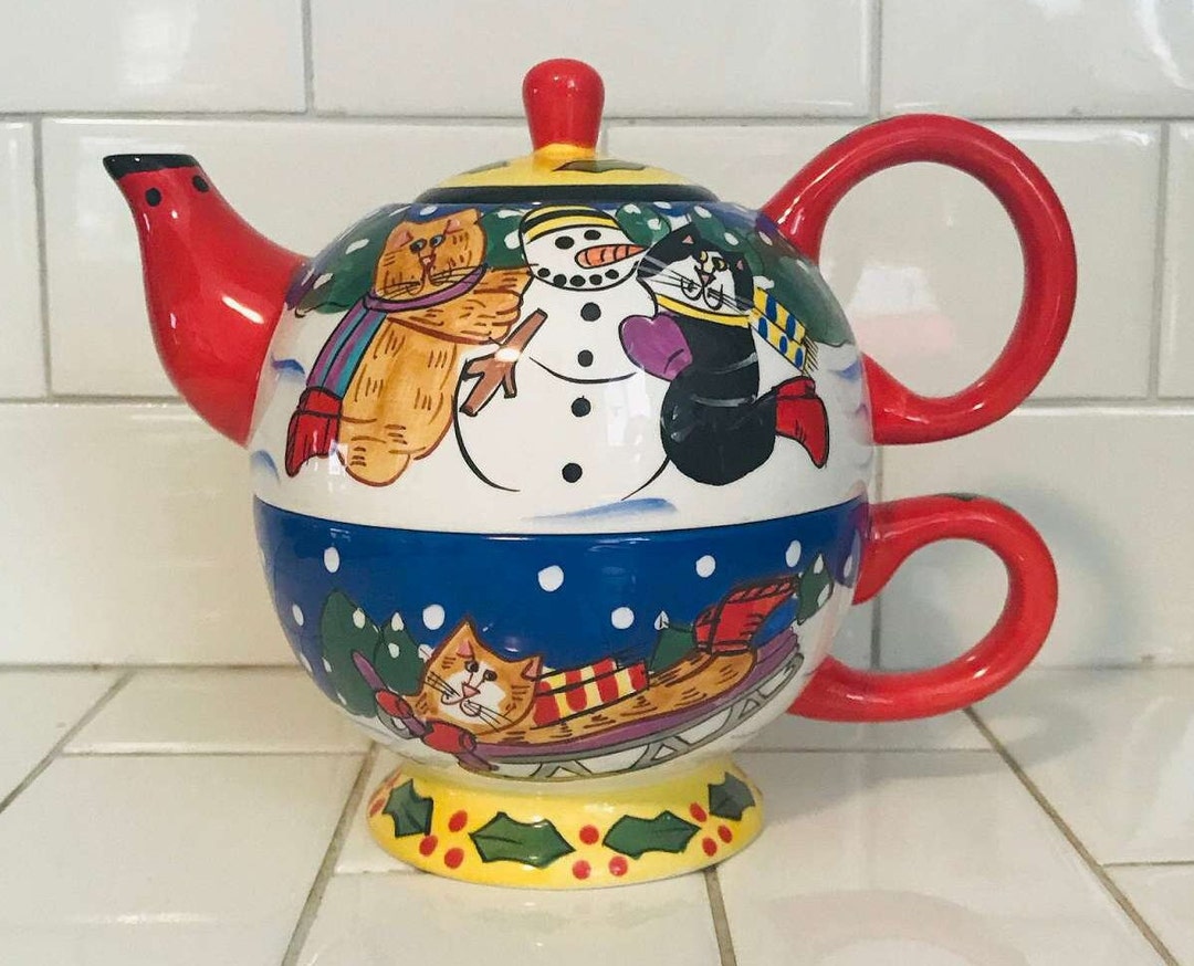 Vintage Catzilla Cat 3 Piece Teapot Christmas Snowman Cats With Mittens ...
