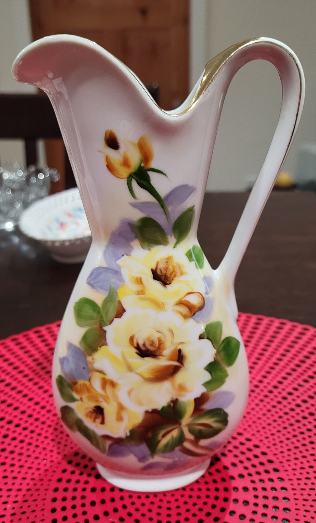 Vintage Kasuga Ware Pitcher White With Painted Yellow Florals and Gold ...