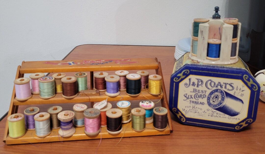 Vintage Wooden Portable Sewing Spool Thread Collapsible Folding Caddy ...