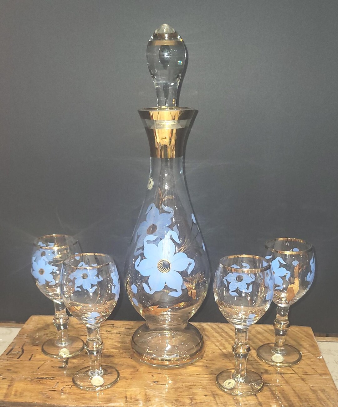 Vintage Romanian Decanter Set, Light Blue Floral Design With Gold - Etsy