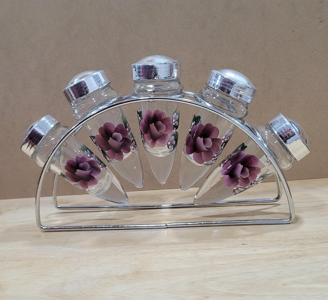 Vintage Freestanding Arched Spice Rack Hand Painted Purple Rose Flowers ...