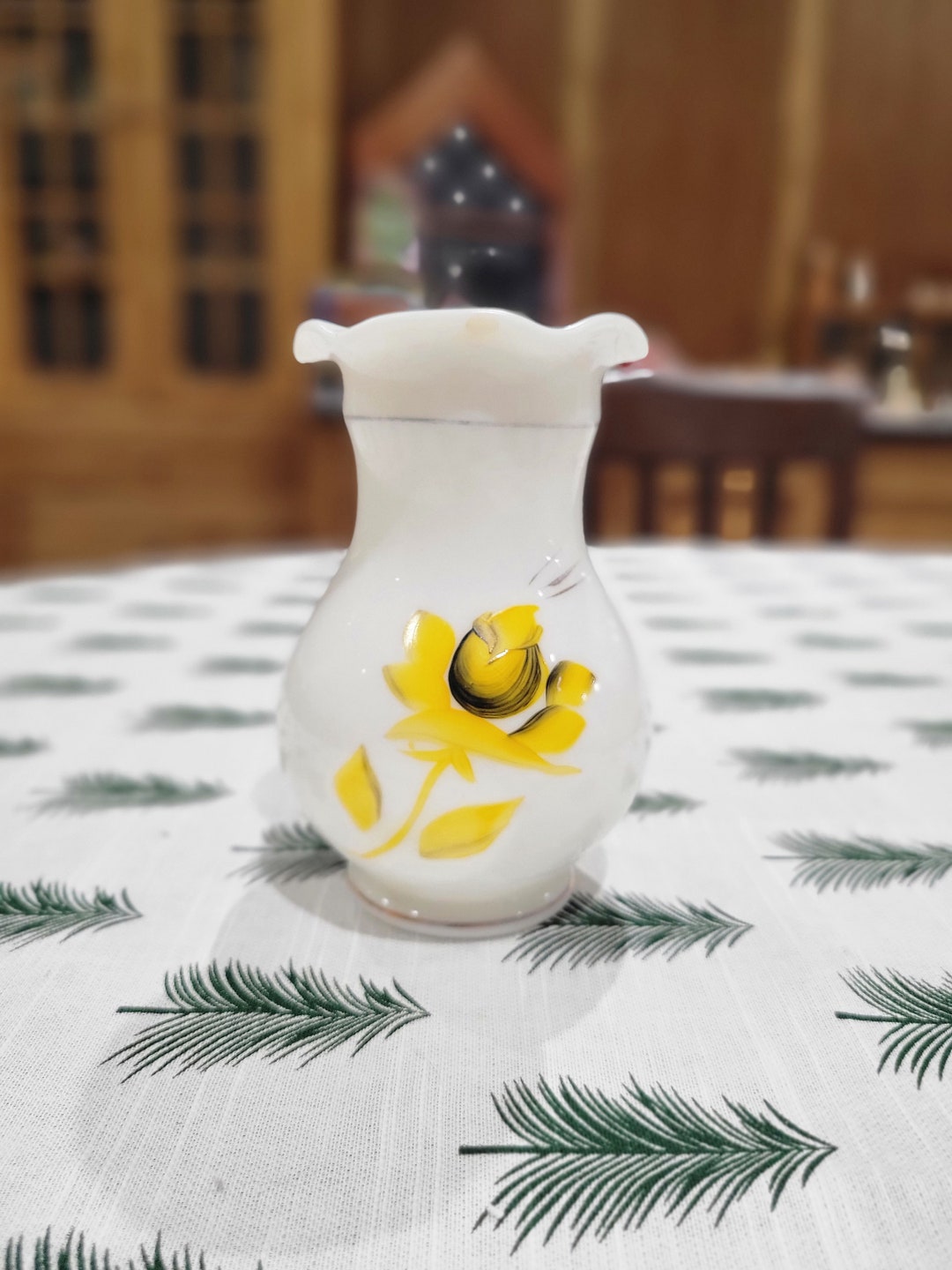 Vintage Mic Century Modern Yellow Rose Milk Glass Vase, Ruffled Edge ...