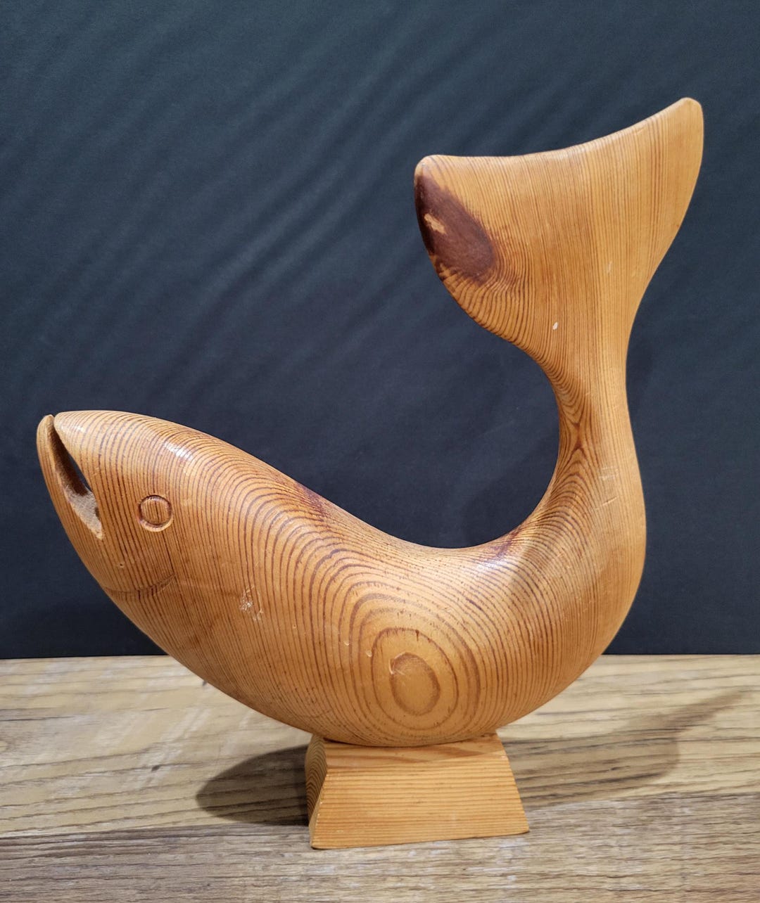 Vintage Hand Carved Salmon Fish Wood on Wood Base Mid Century Sculpture ...