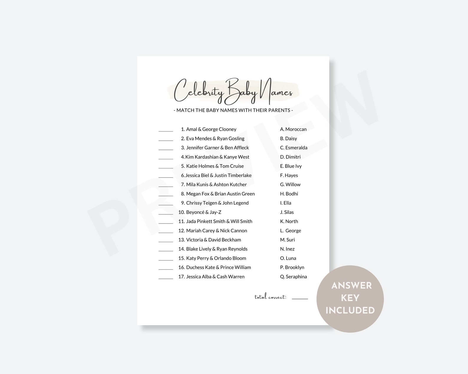 Celebrity Baby Names Game, Baby Shower Celebrity Baby Names, Baby Name ...