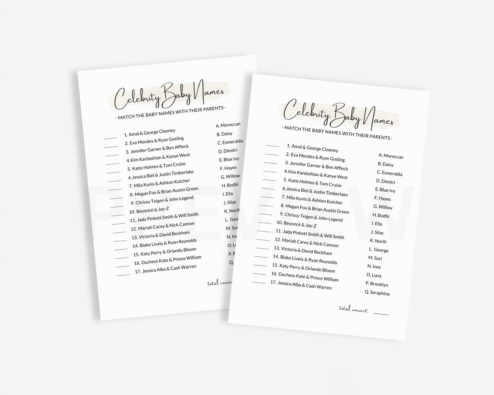 Celebrity Baby Names Game, Baby Shower Celebrity Baby Names, Baby Name ...