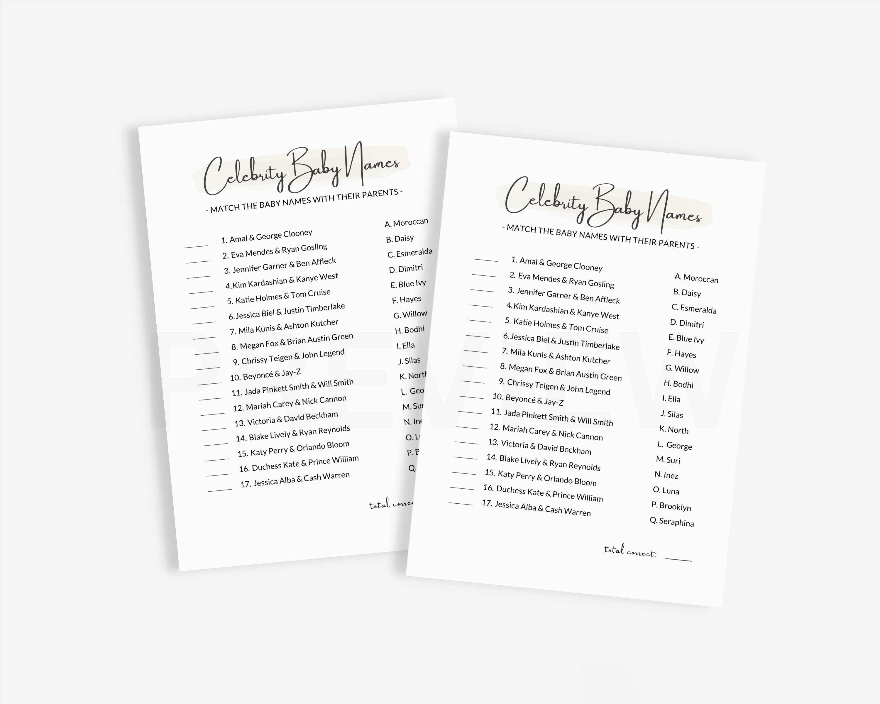 Celebrity Baby Names Game, Baby Shower Celebrity Baby Names, Baby Name ...