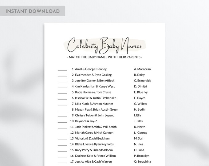 Celebrity Baby Names Game, Baby Shower Celebrity Baby Names, Baby Name ...
