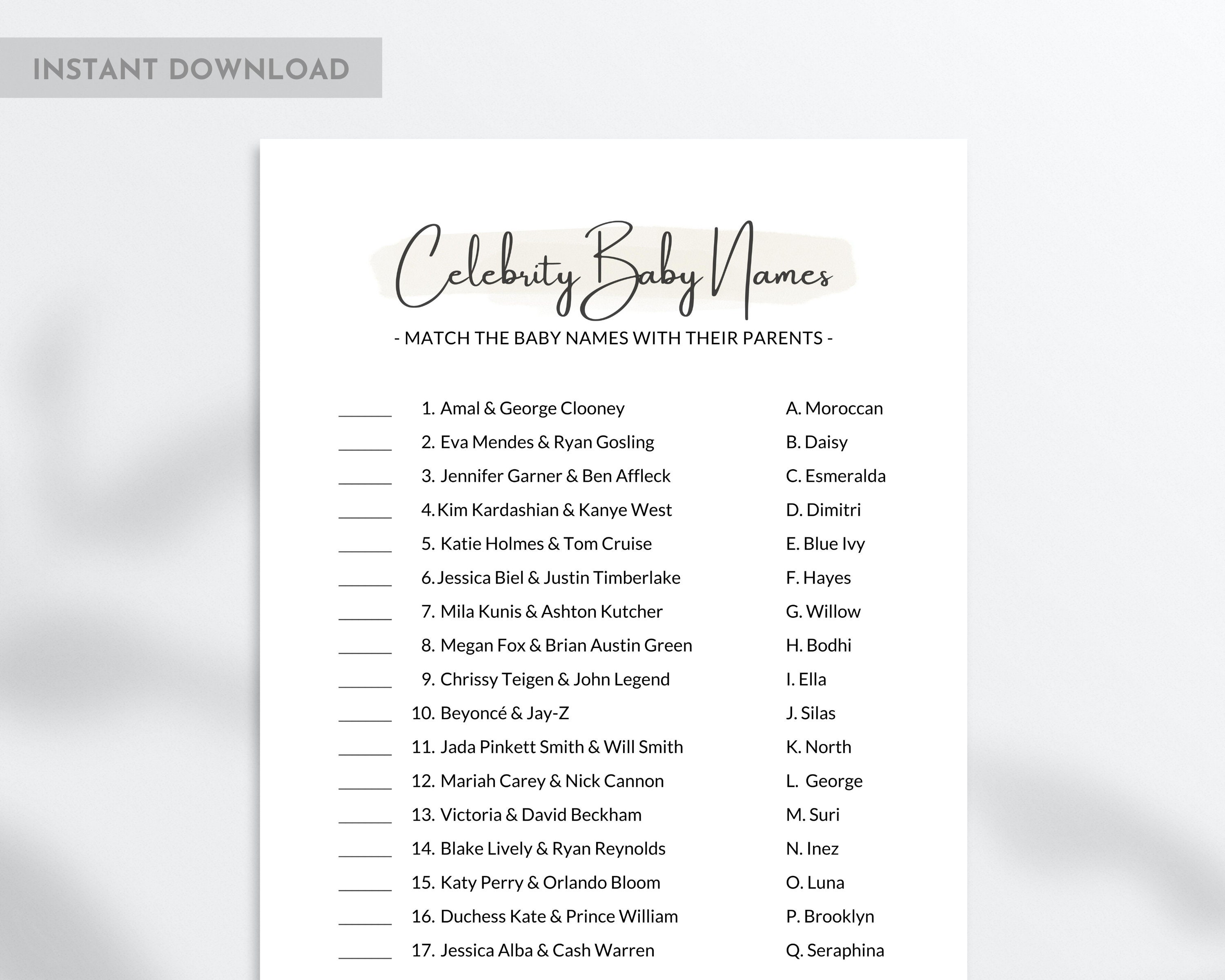 Celebrity Baby Names Game Baby Shower Celebrity Baby Names - Etsy