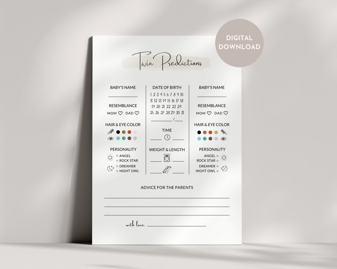Baby Shower Twin Predictions Cards, Twin Babies Guesses Cards ...