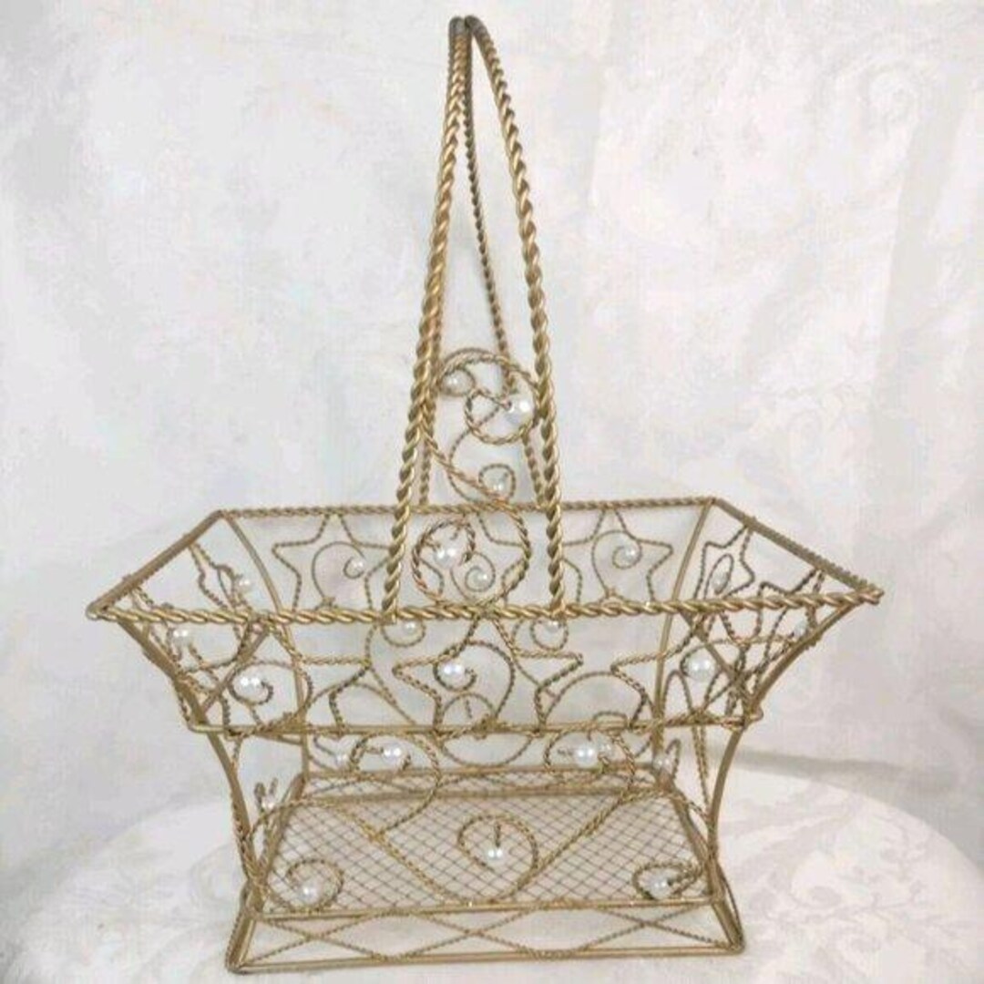 Twisted Wire Gold Tone Basket With Faux Pearls Basket 8.5"x12" - Etsy