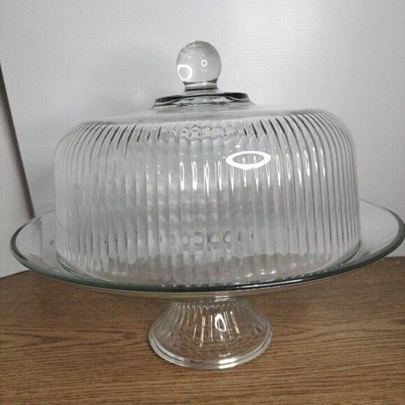 Vintage Covered Cake Stand - Ribbed Cover & Pedestal Clear Glass Cake ...