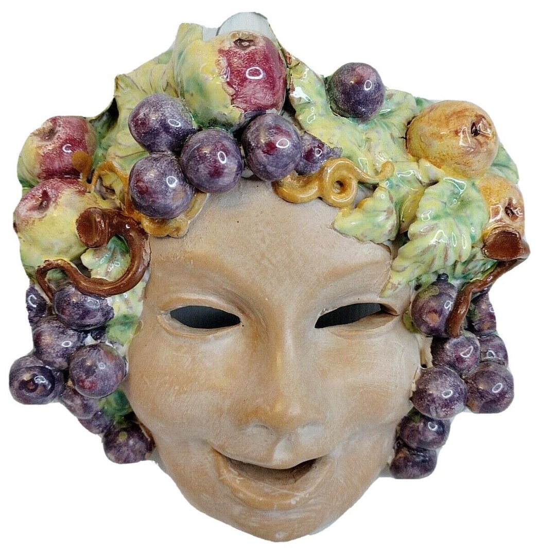 Italian Majolica Roman Mask Bacchus Garden, Wine Grapes Face Wall ...