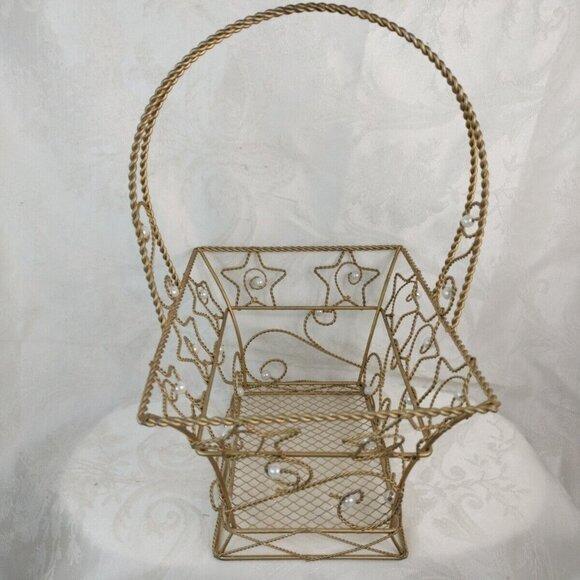 Twisted Wire Gold Tone Basket With Faux Pearls Basket 8.5"x12" - Etsy