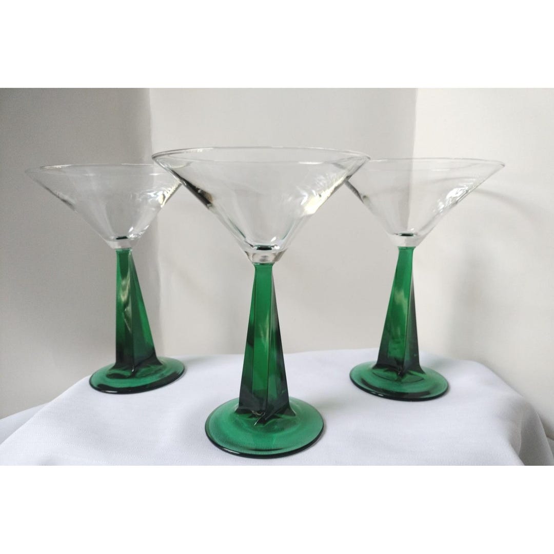 Bombay Emerald Green Twisted Pyramid Stem Martini Glass 6"3/4x5" Set of ...