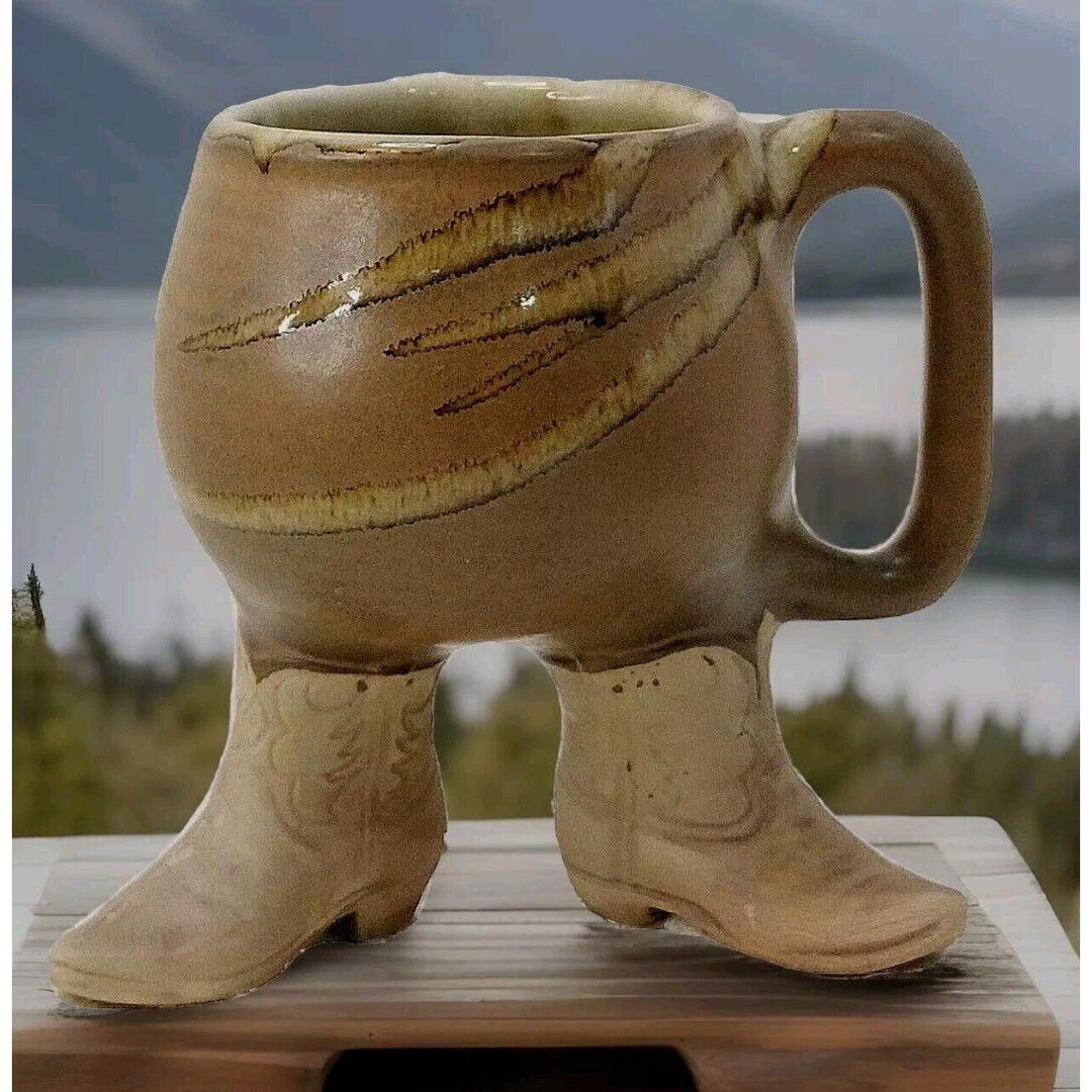 Unic Western Boots Coffee Mug Five Gridges Inc 1560 Brown Glaze 4"1/2 ...