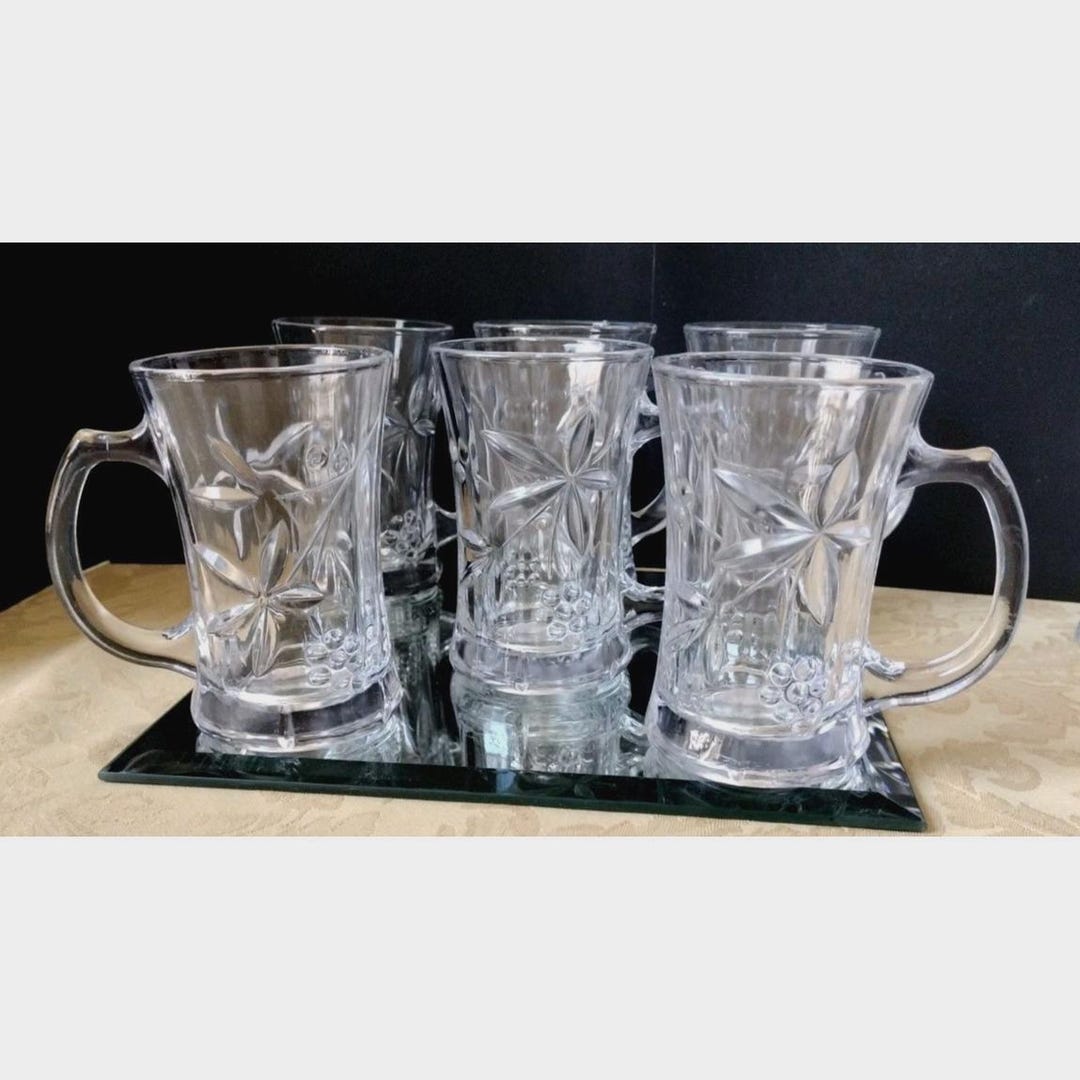 Elegant Set 6 Crystal Pressed Cut Clear Coffee Tea Mugs Cups 4"x2"3/4 ...
