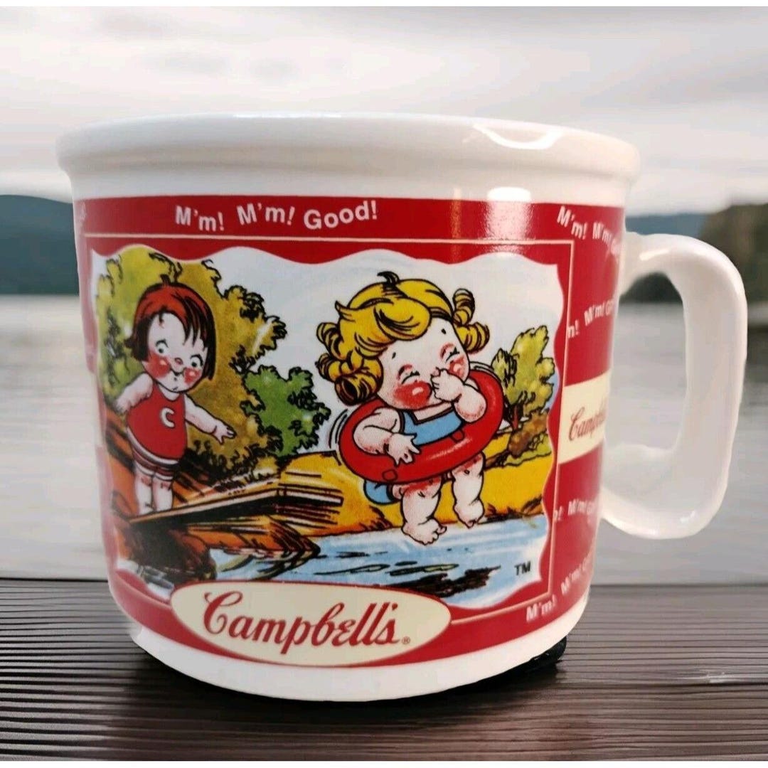 Vtg. Campbells Soup Mug Harvest Kids Sitting on A Fence & Jumping on A ...