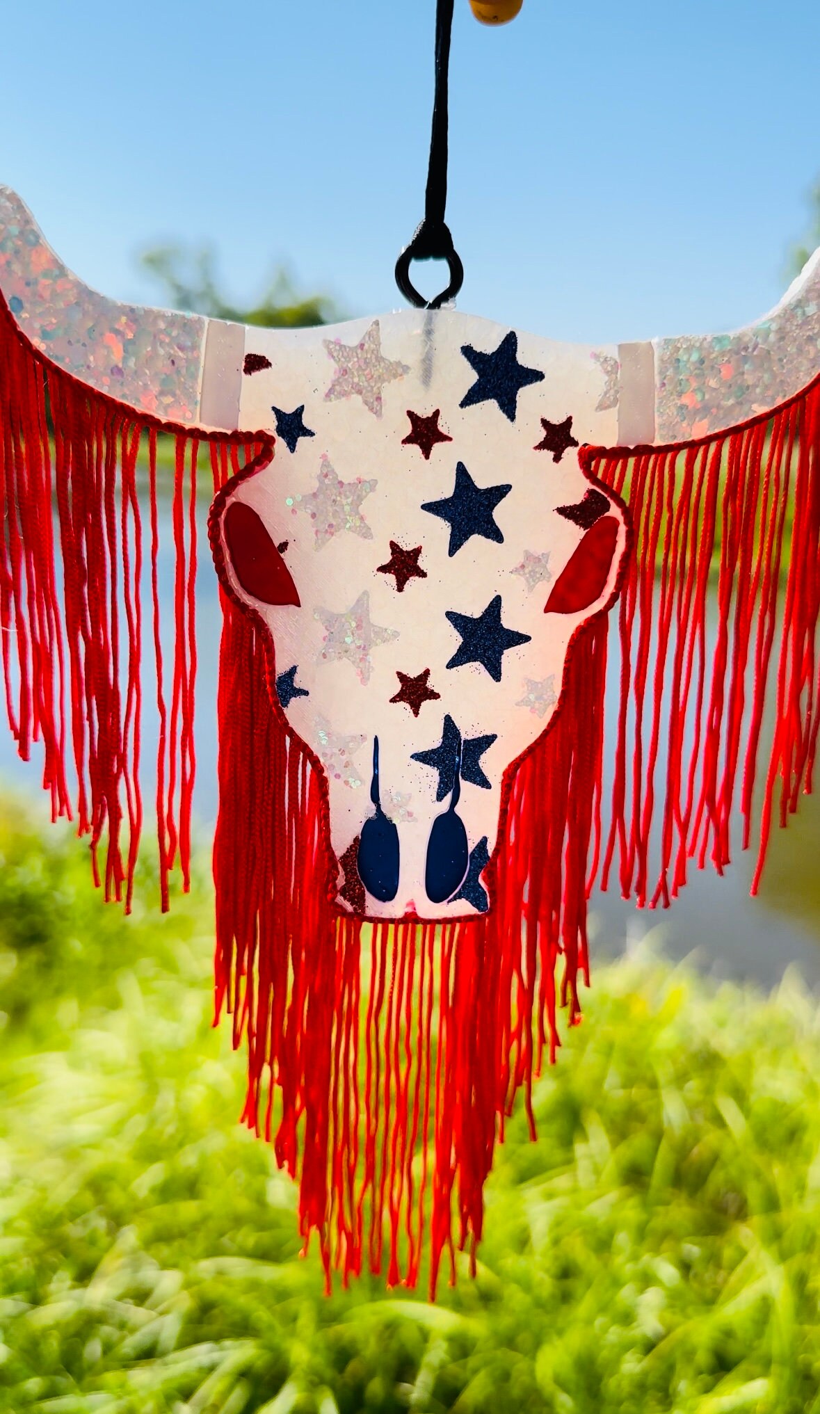 Freshie Red, White, and Blue Bull Skull Car Freshie With Fringe ...