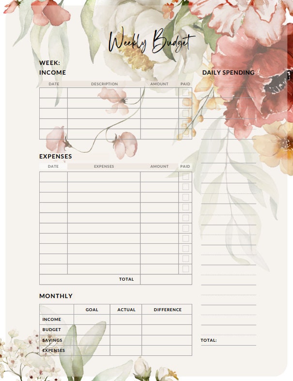 Floral Weekly Planner- Digital-downloadable - Etsy