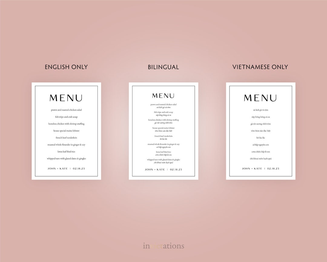 Printed Vietnamese Bilingual Menus Weddings Events Custom - Etsy