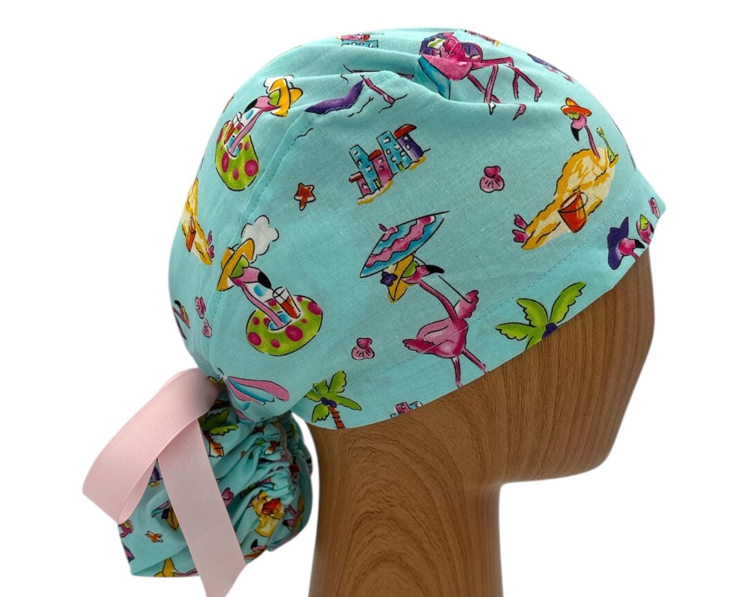 Funny Ponytail Scrub Cap Personalized, Flamingo Surgical Hat, Ribbon ...