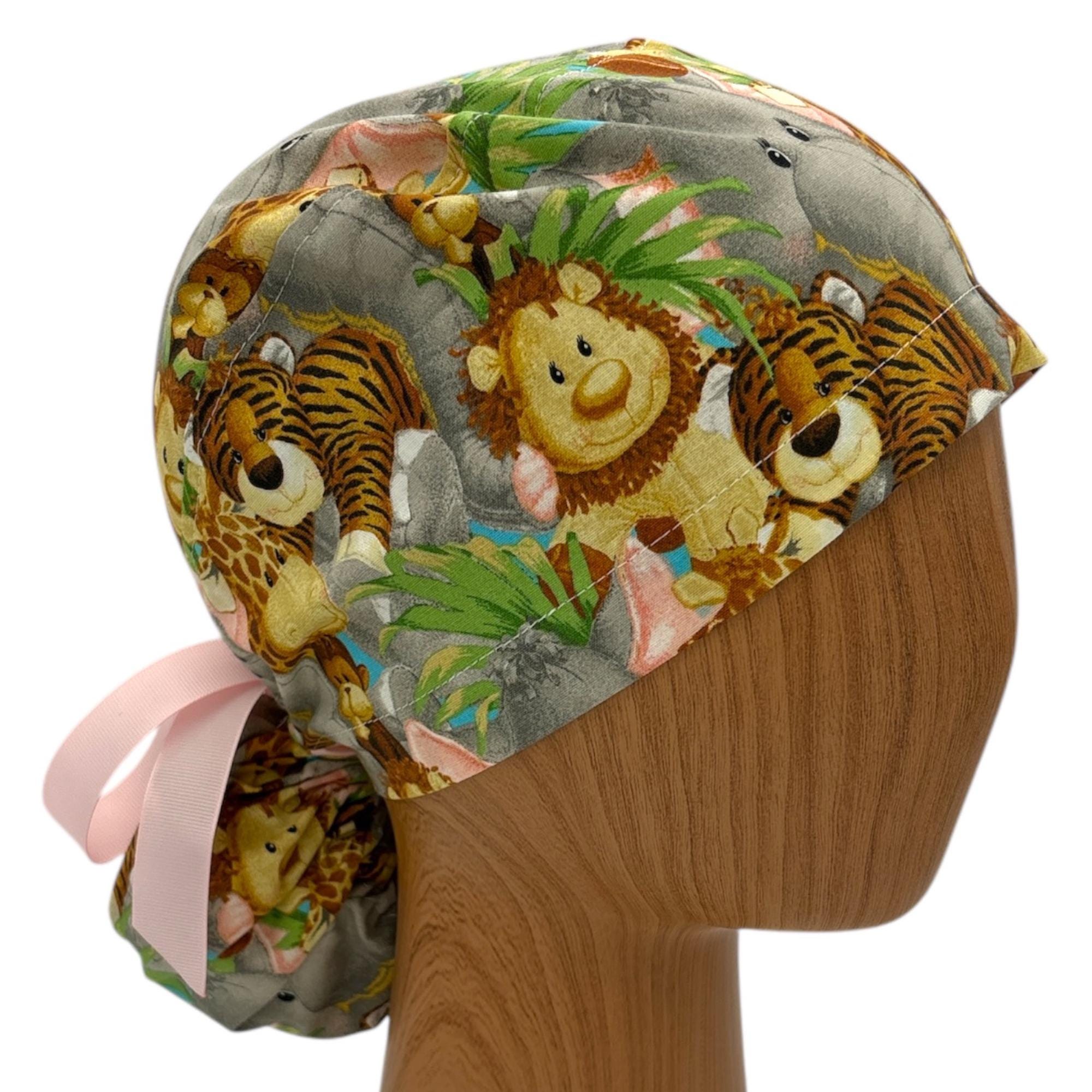 Animal Ponytail Scrub Cap Personalized, Ribbon Tie Scrub Hat With ...