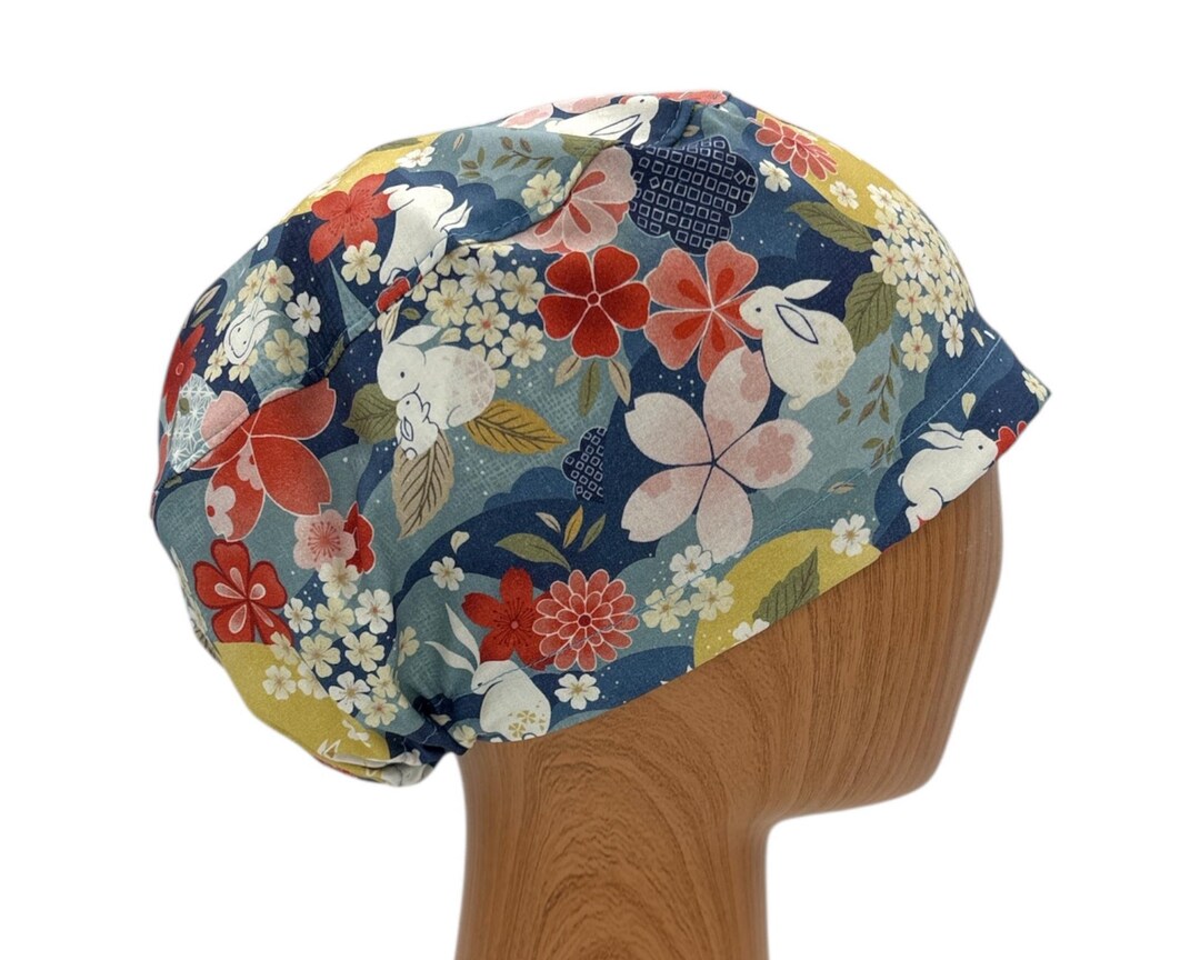 Oriental Bunny Floral Scrub Cap, Asian Euro Style, Adjustable Hair ...