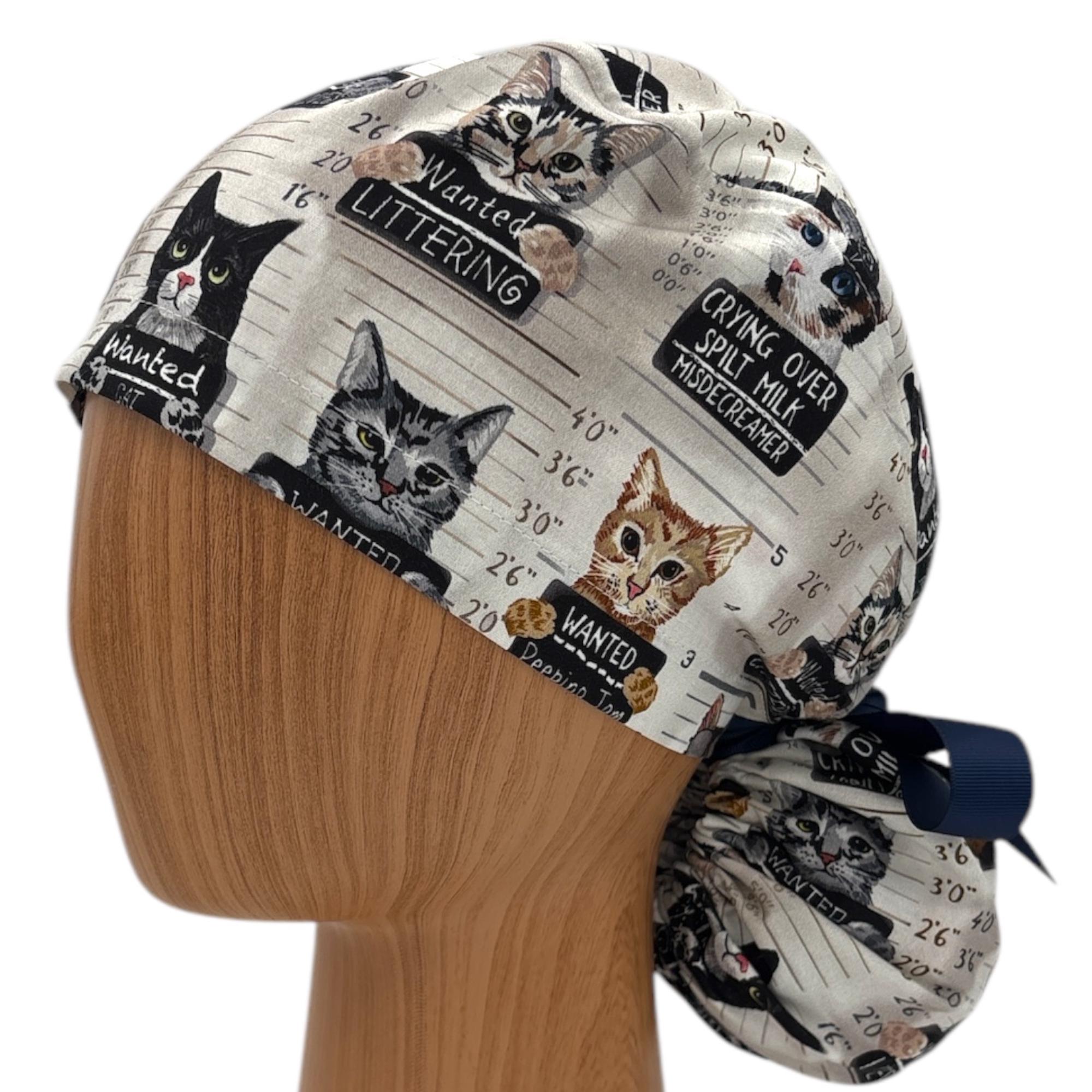 Adjustable Cat Mugshot Scrub Cap for Long Hair – Fun Animal Print ...