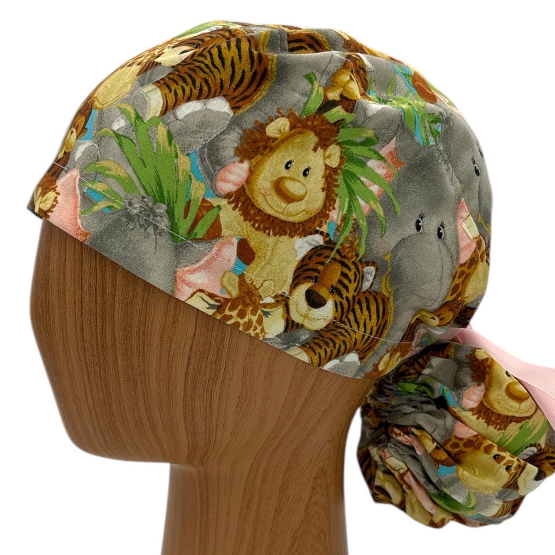 Animal Ponytail Scrub Cap Personalized, Ribbon Tie Scrub Hat With ...