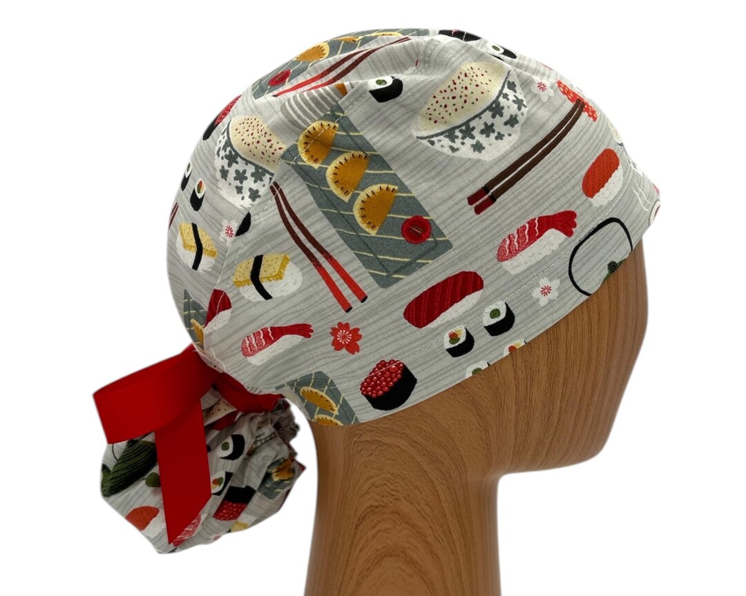 Ponytail Scrub Cap Personalized, Surgical Hat With Button, Ribbon Tie ...